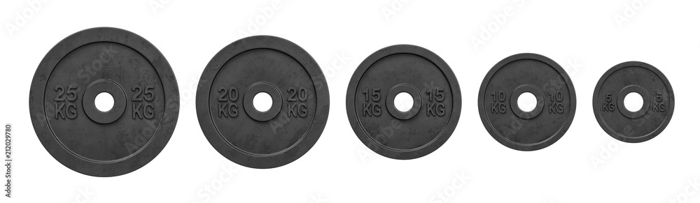 3d rendering of five black barbell weights of different mass hanging in ...