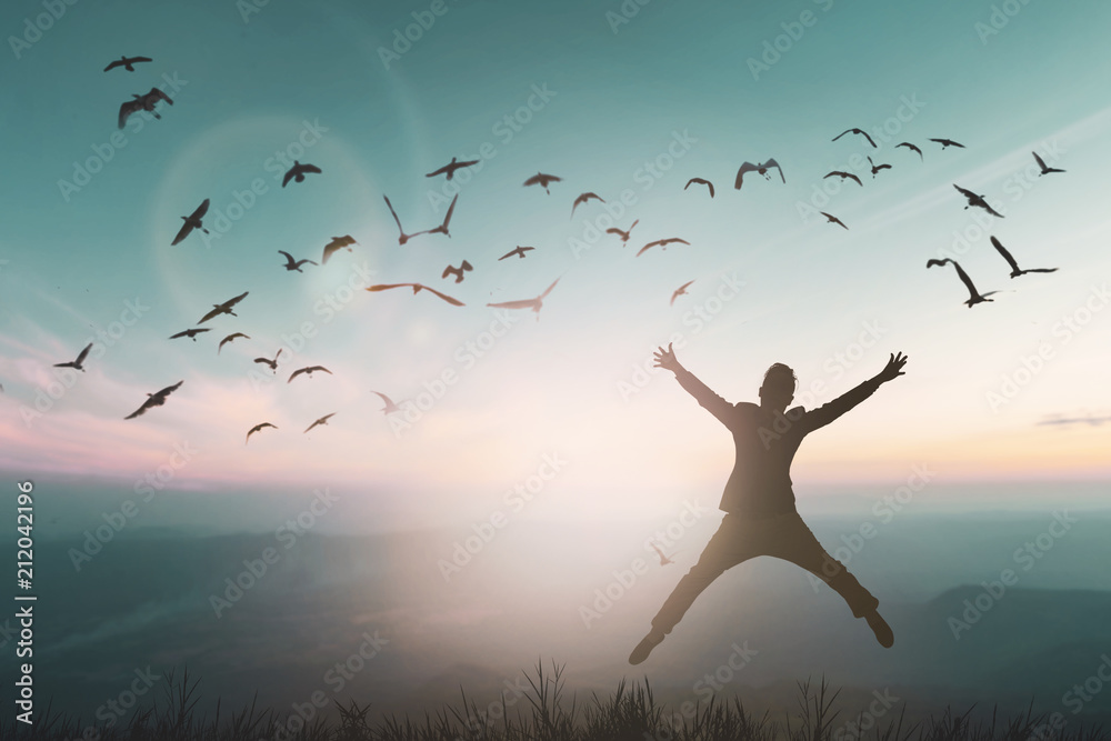 Photo Stock Happy man rise hand on morning view. Christian inspire ...