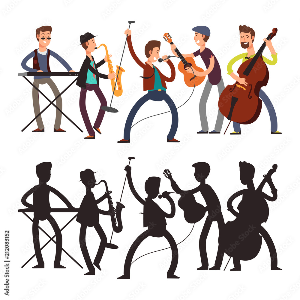 Male pop music band playing music. Vector illustration of cartoon ...