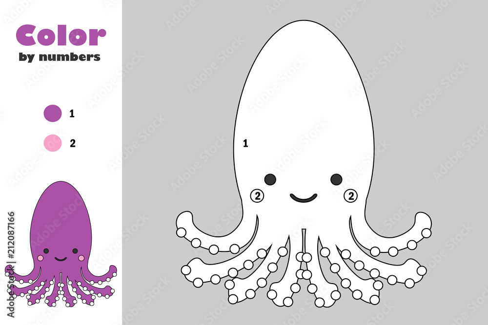 Octopus in cartoon style, color by number, education paper game for the ...
