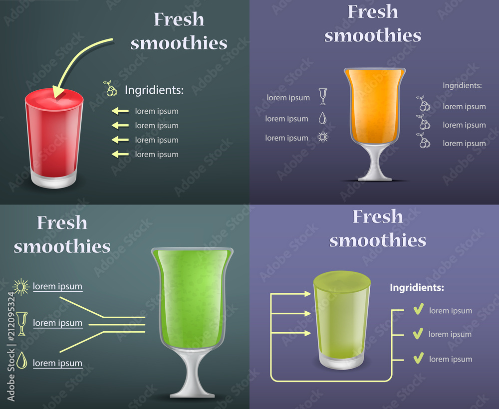 Smoothie fruit juice banner concept set. Realistic illustration of 4 ...