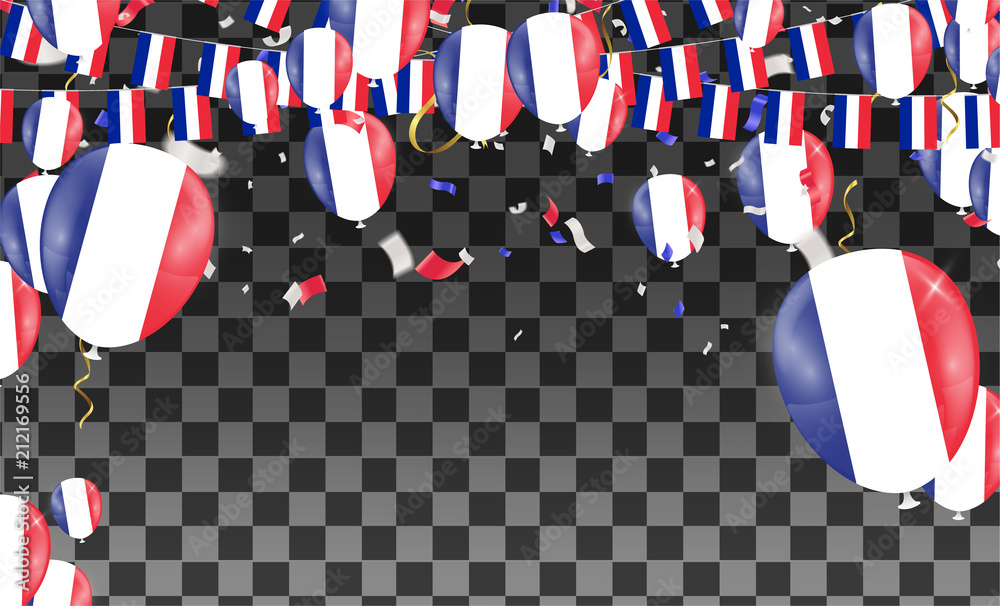 France flags and France balloons garland with confetti on white ...