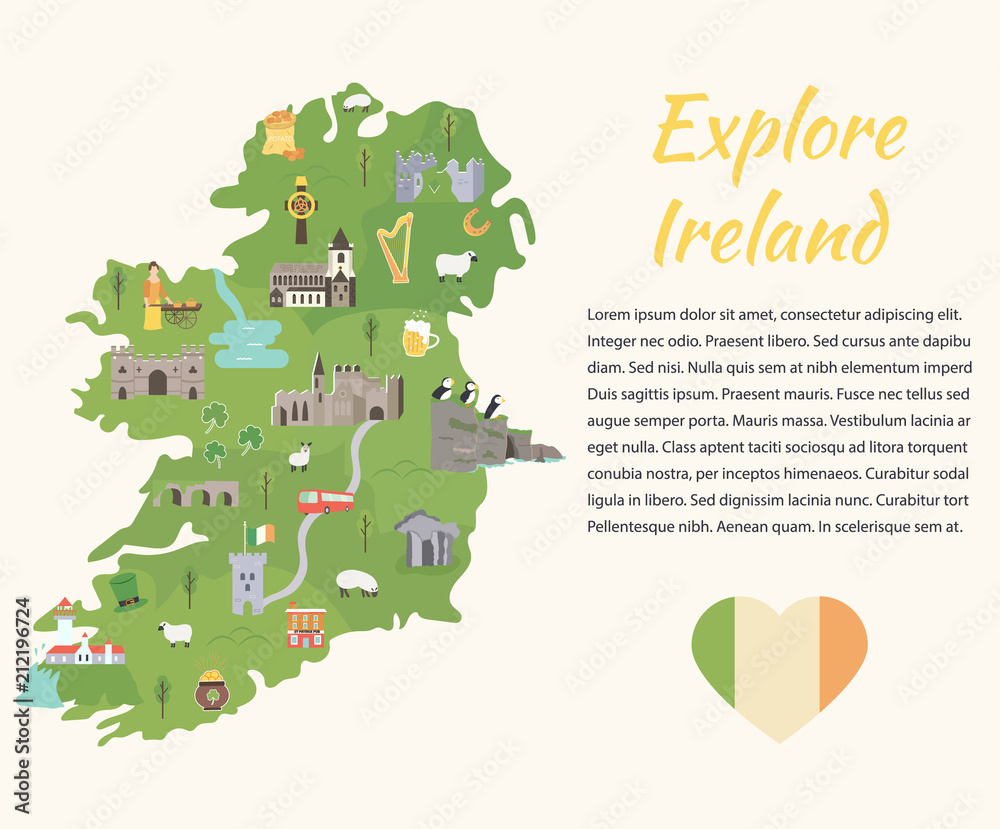 Irish map with symbols of Ireland, destinations Stock Vector | Adobe Stock