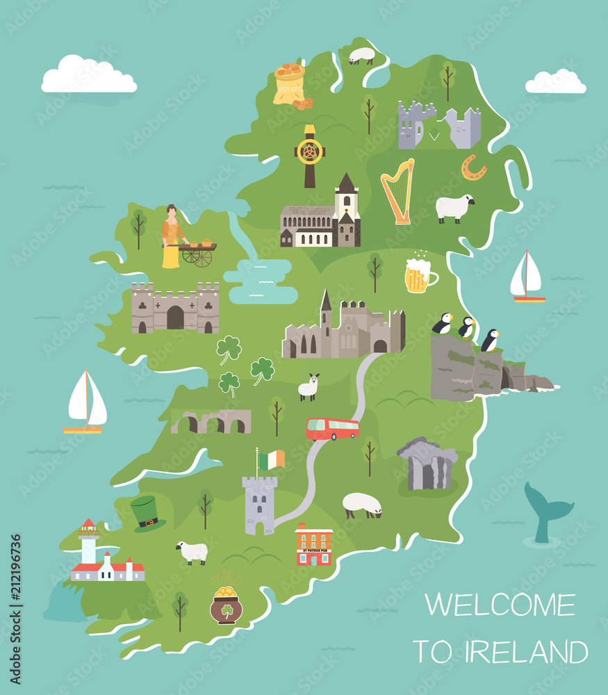 Irish map with symbols of Ireland, destinations Stock Vector | Adobe Stock