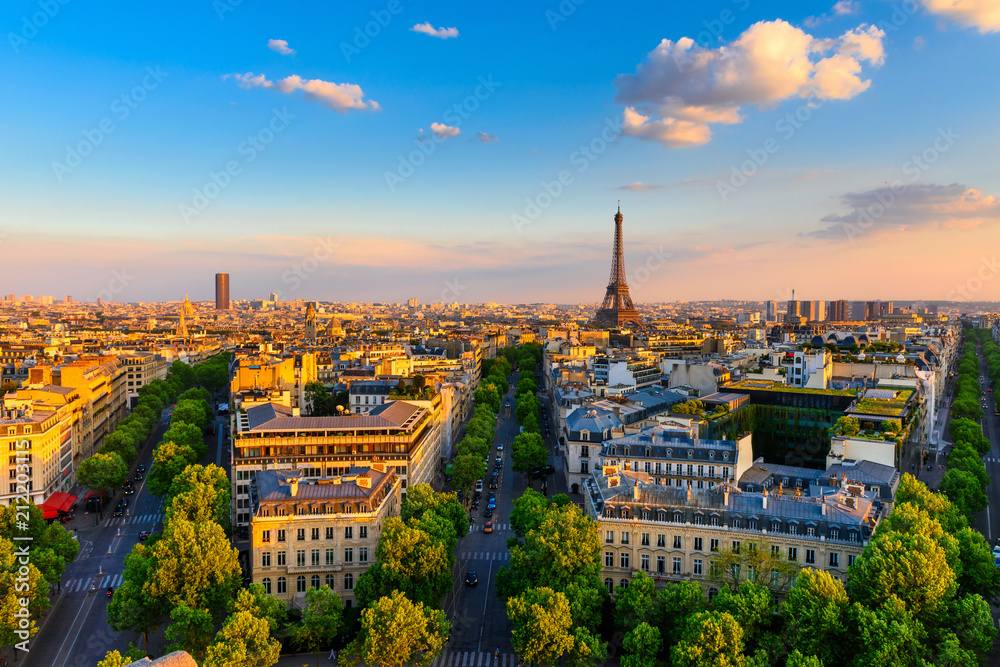Skyline of Paris with Eiffel Tower in Paris, France. Panoramic sunset ...