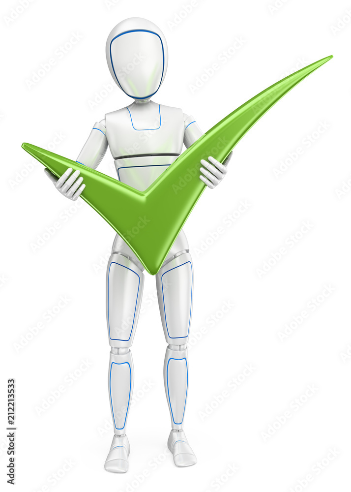 3D Humanoid robot standing with a big green tick Stock Illustration ...
