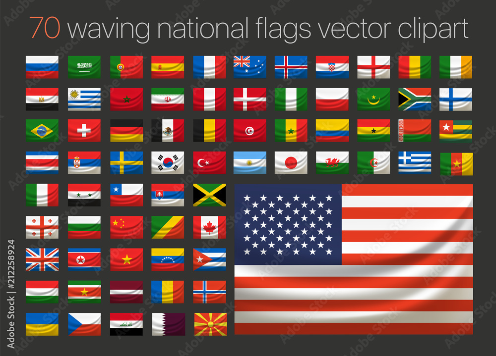70 waving national flags vector clipart. Layered illustration Stock ...