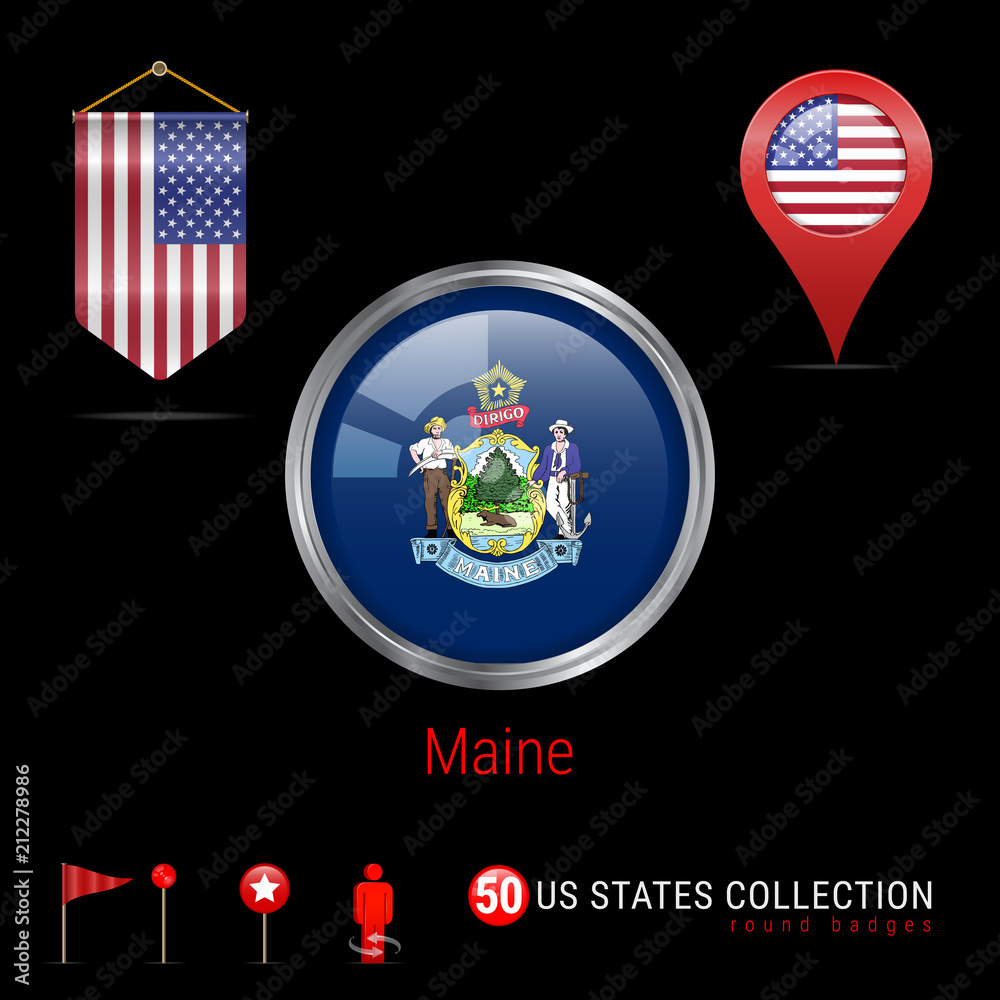 Round Chrome Vector Badge with Maine US State Flag. Pennant Flag of USA ...