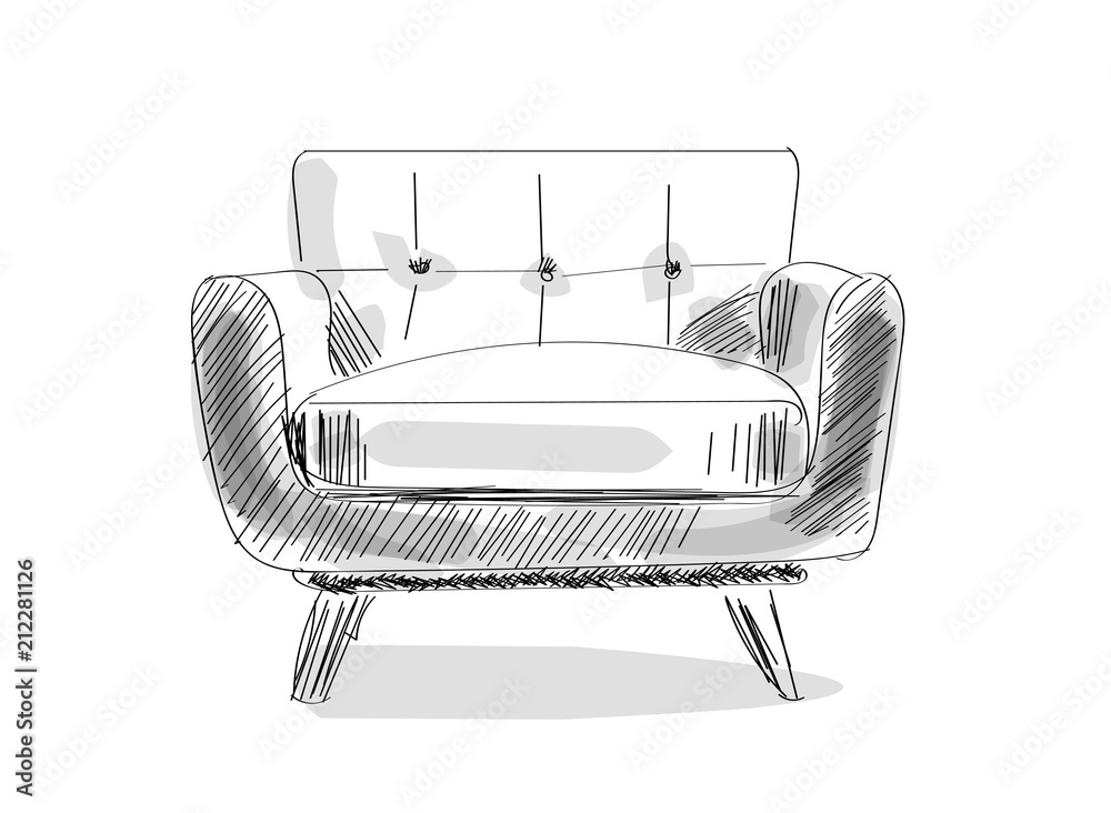 armchair sketch. hand drawn chair. vector furniture illustration. mid ...