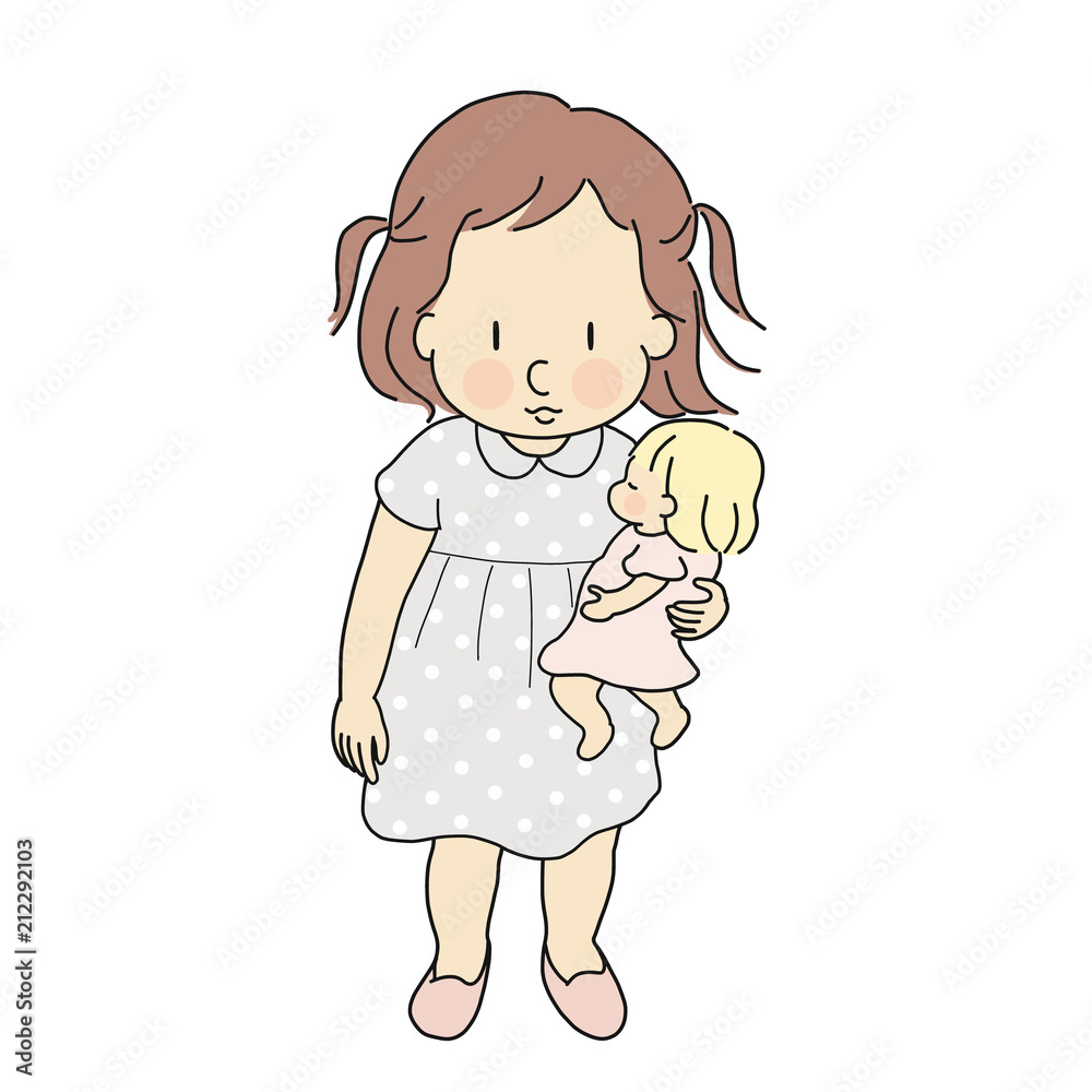 Vector illustration of little kid girl playing baby doll. Happy ...