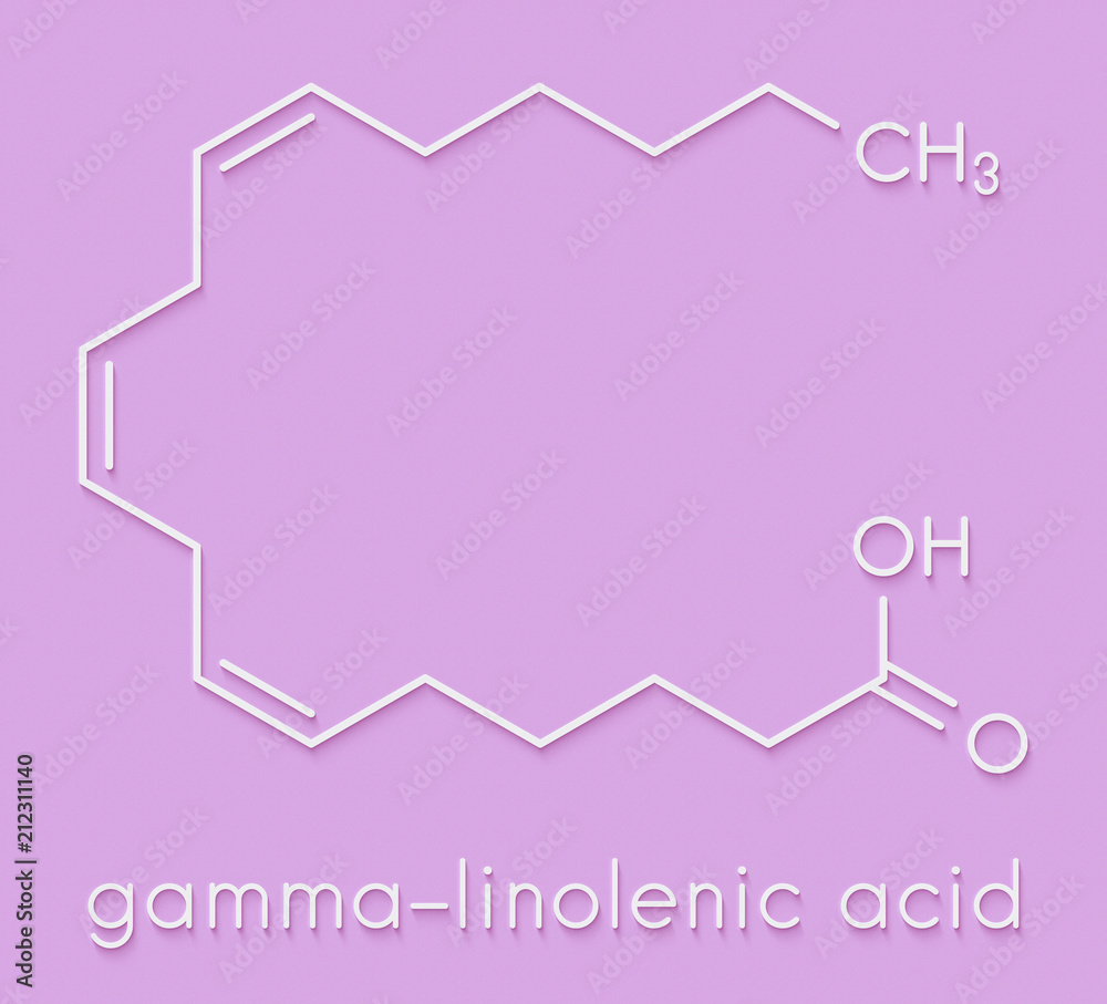 Gamma-linolenic acid (GLA, gamolenic acid) molecule. Omega-6 fatty acid ...