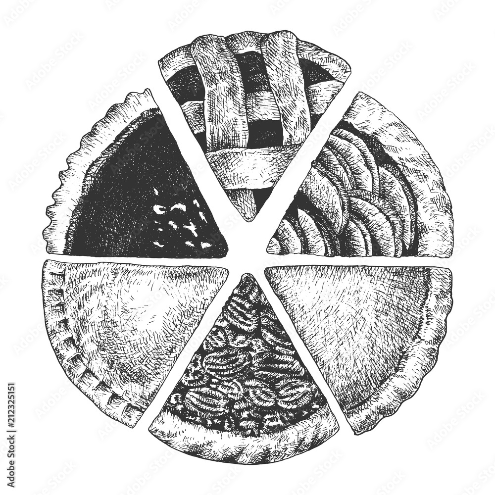 Hand drawn pies. Top view homemade a piece of sliced apple, chicken ...
