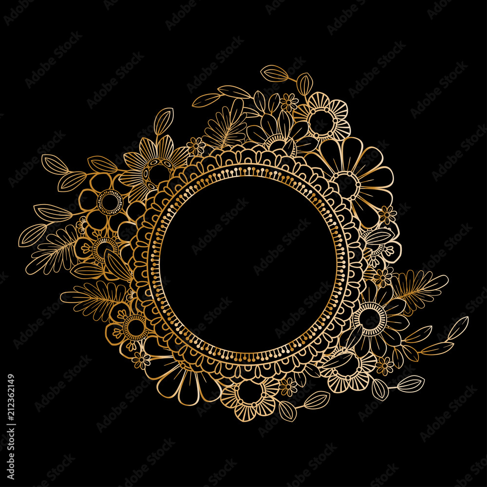 Golden floral frame template. Flowers and plants round frame. Design ...