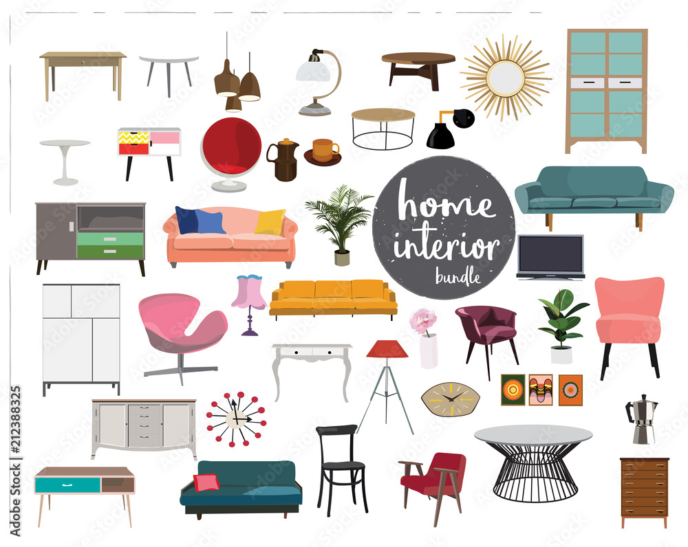 vector interior design elements. furniture mid century modern. living room element collection ...