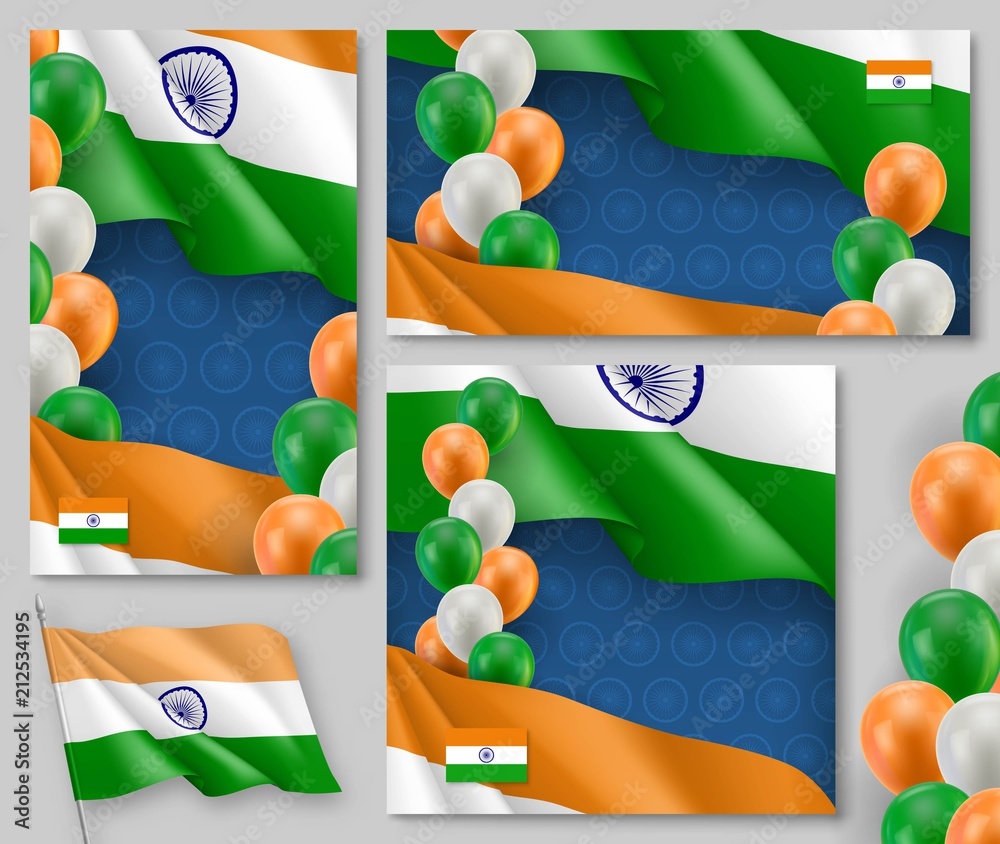 Indian patriotic festive posters set. Realistic indian flag and ...