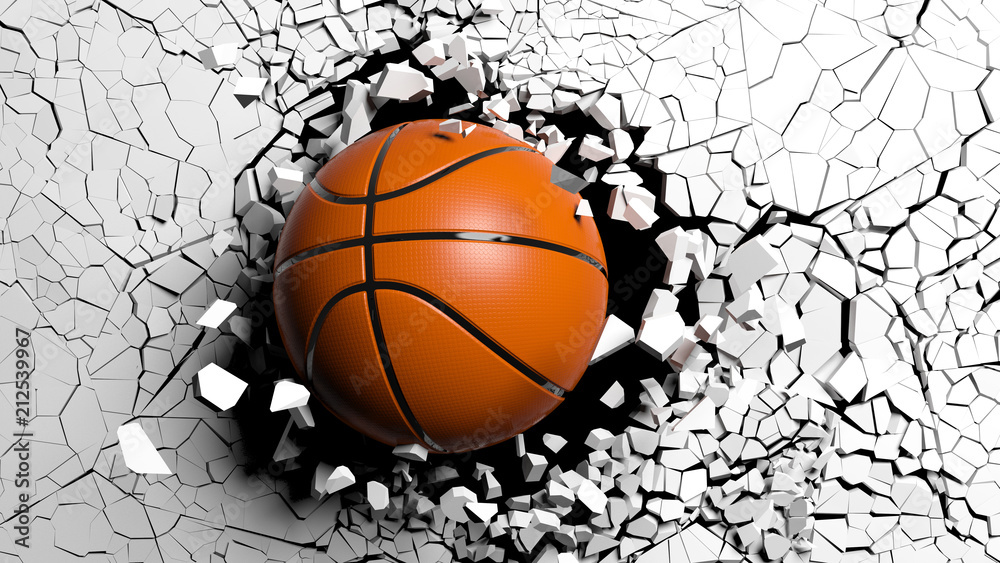 Basketball ball breaking forcibly through a white wall. 3d illustration ...