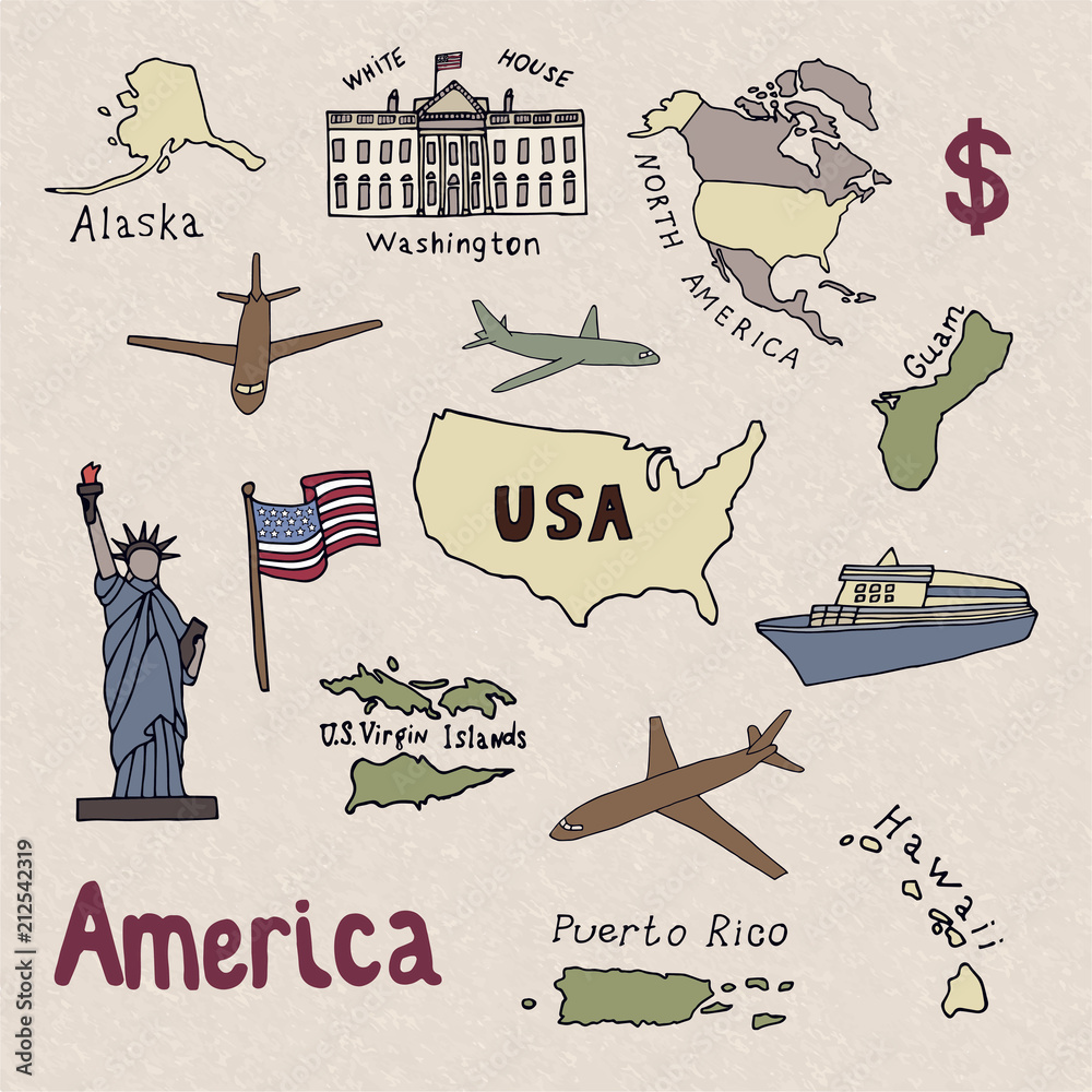 Map of the United States of America and the symbols of America. North ...