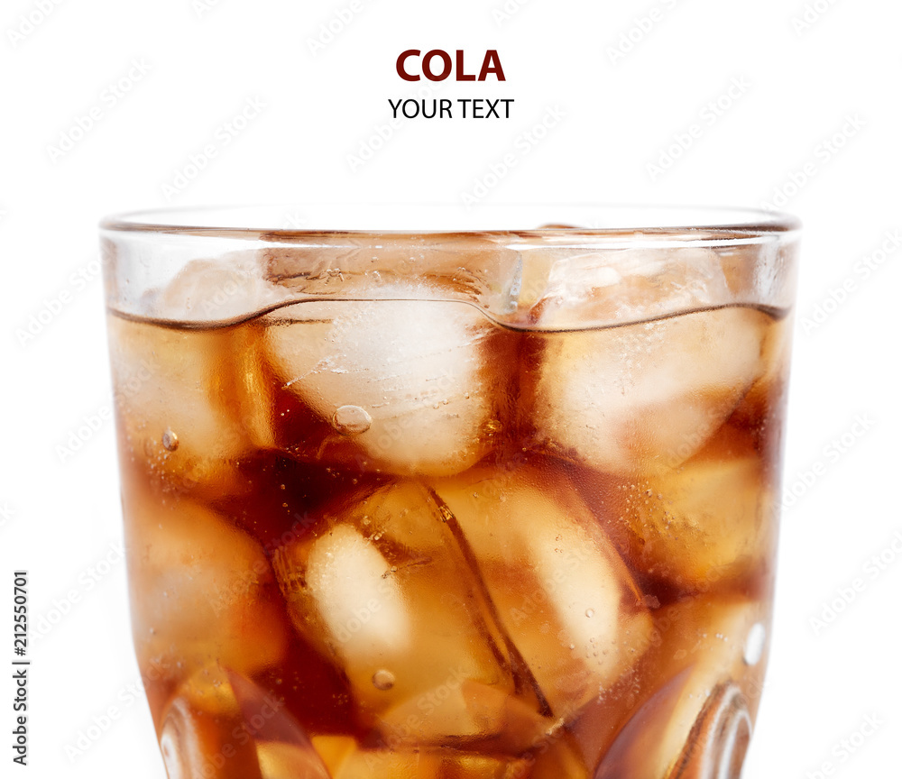 Photo Stock Cola in glass with straw and ice cubes isolated on white ...