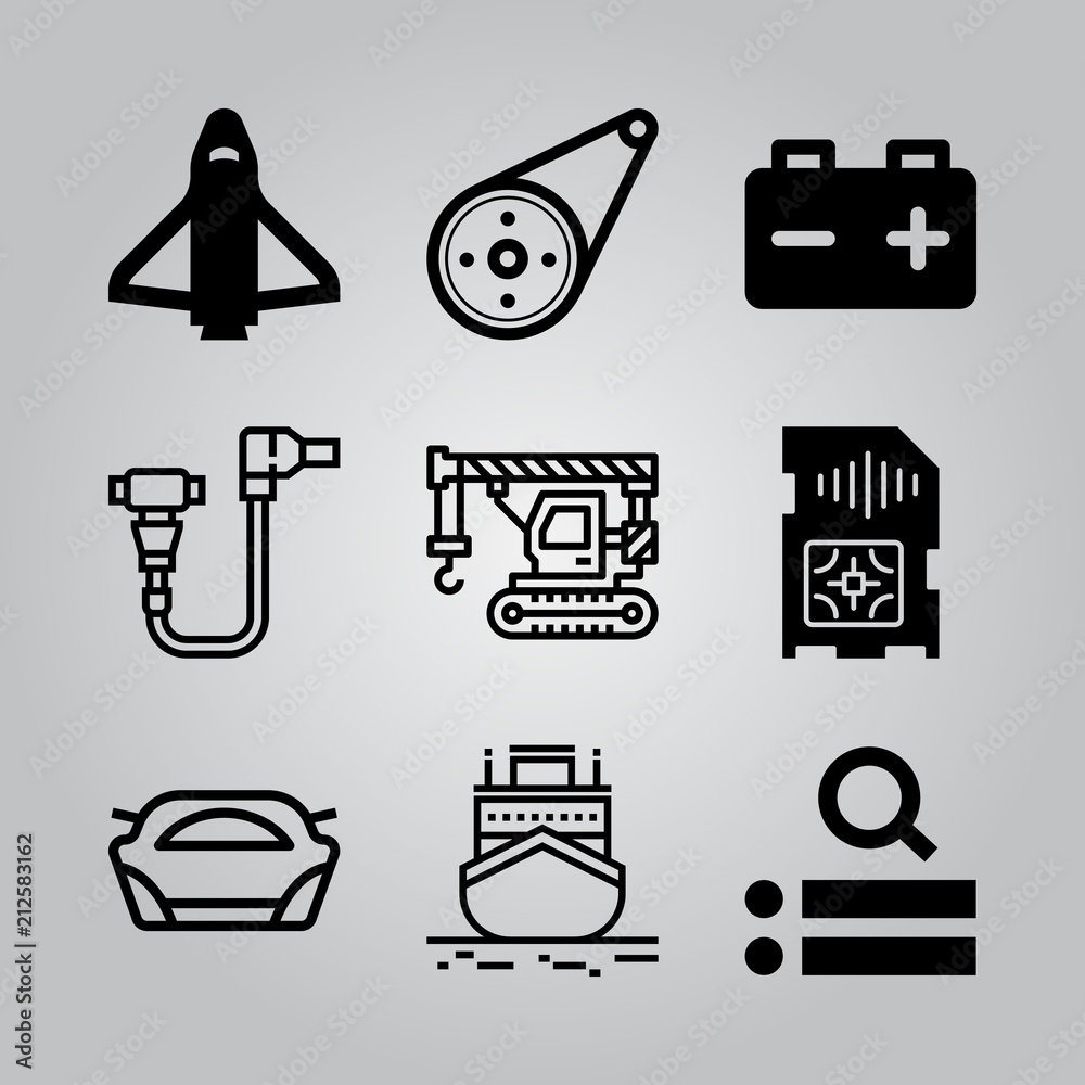 Simple 9 icon set of electronics related ship, search engine, sim card ...