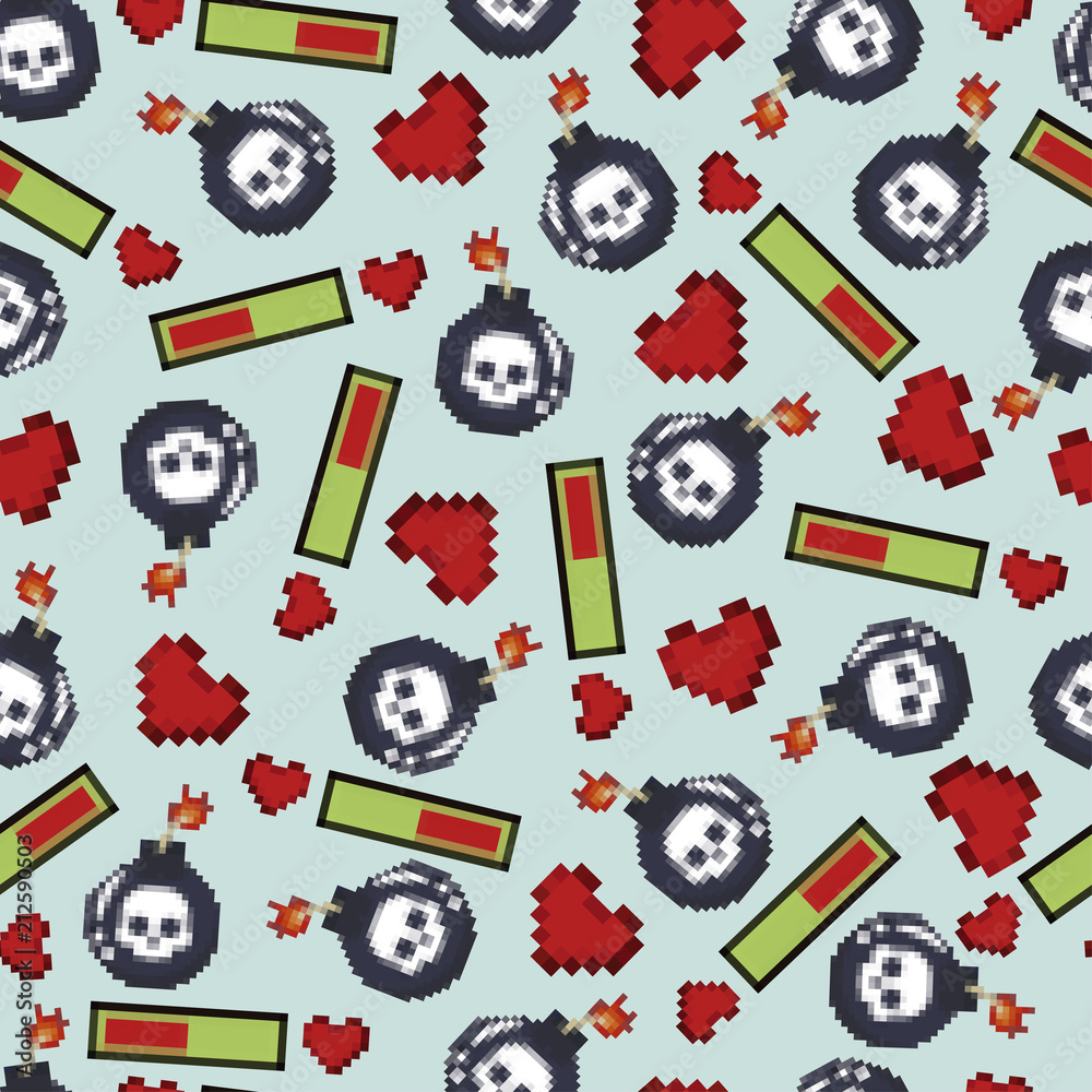 Pixel bomb with skull and bar with heart vector seamless pattern. 8 bit ...