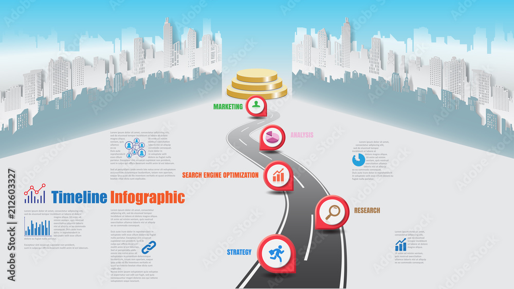 Business road map timeline infographic city milestone pathway to podium ...