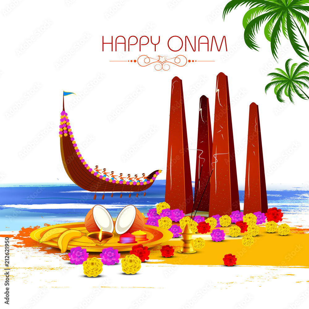 Happy Onam with Onathappan and boat race background for Festival of ...