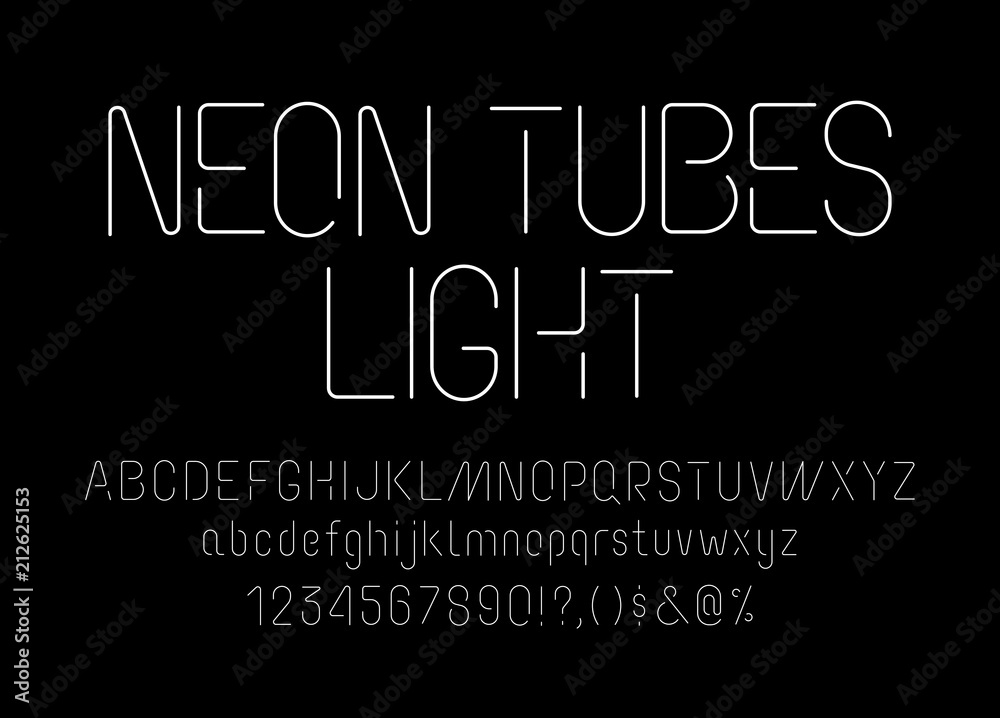 Neon tube font, uppercase and lowercase typography, numerals and ...