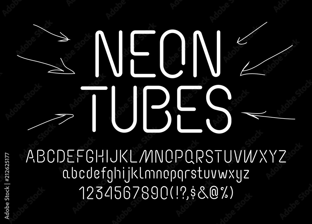 Neon tube font, uppercase and lowercase typography, numerals and ...