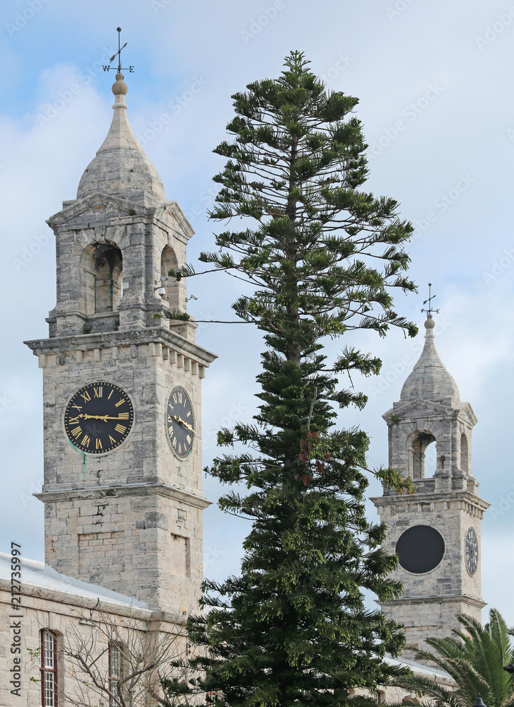 Time clock and tide clock towers with Norfolk Pine at Royal Naval ...