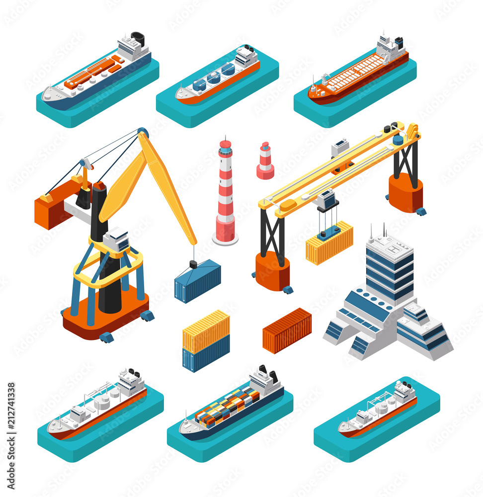 Isometric 3d ships, cranes, sea port building, lighthouse and shipping ...