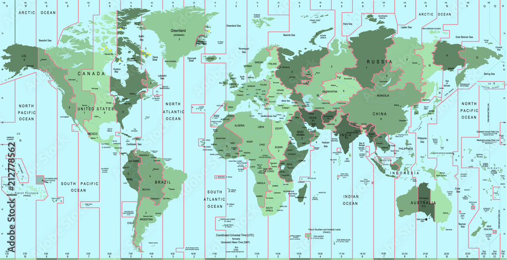 World Map With Time Zone And Country Name Template Design Vector Stock ...