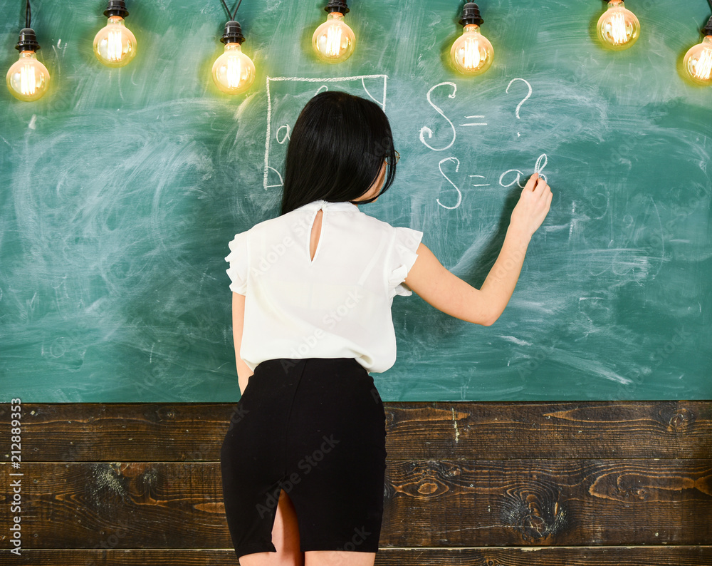 Teacher of mathematics writing on chalkboard, rear view. Lady sexy ...