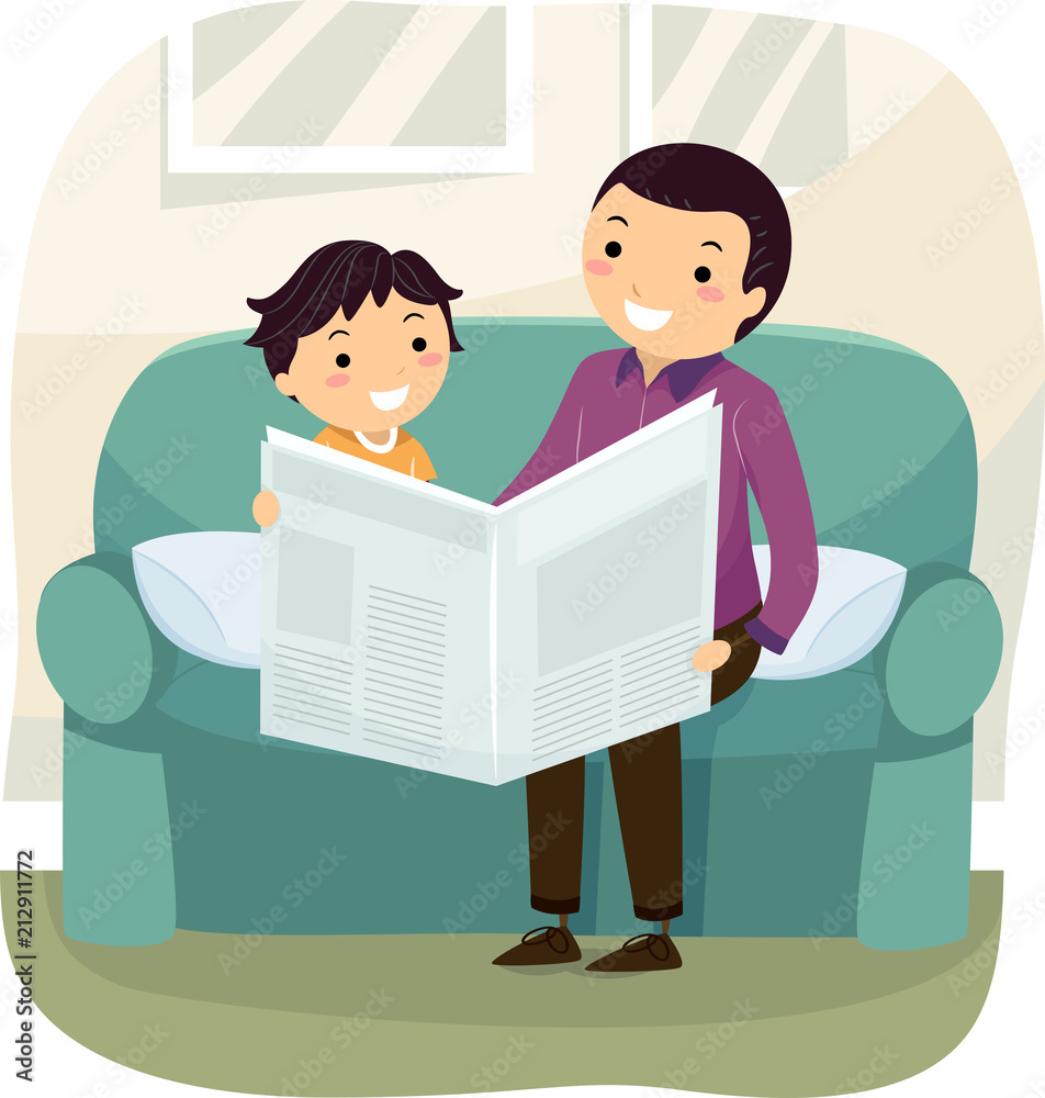 Stickman Kid Boy Father Newspaper Illustration Stock Vector | Adobe Stock