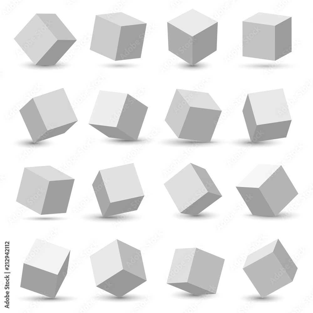 Creative vector illustration of perspective projections 3d cube model icons set with a shadow ...