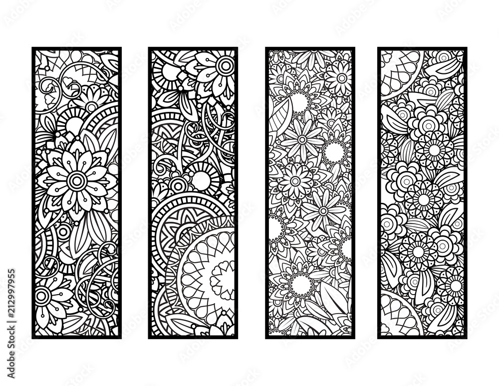 Set of four bookmarks in black and white. Doodles flowers and ornaments ...
