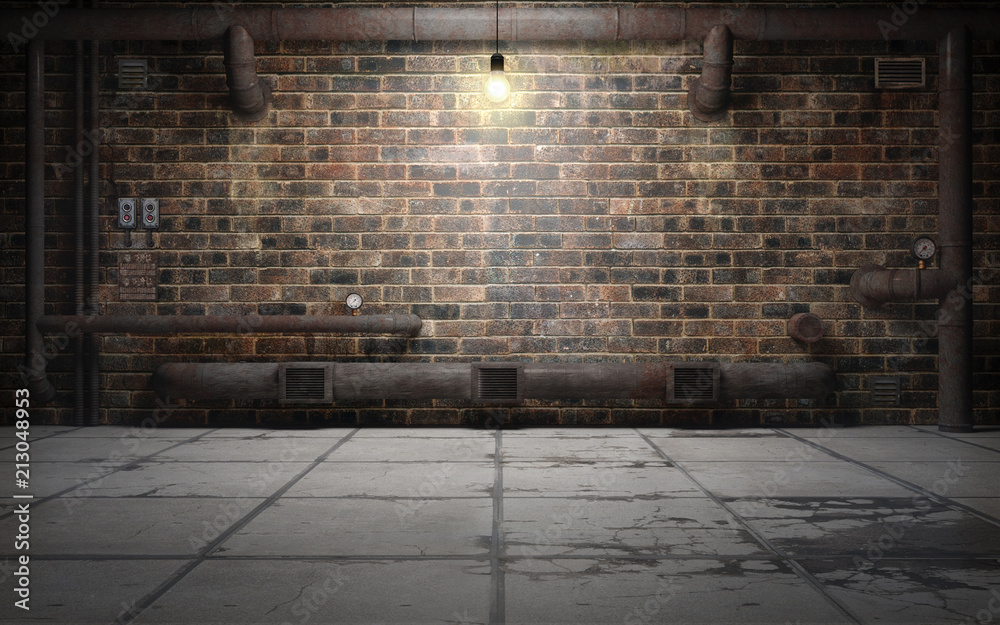 Old grunge basement room with rust pipes. 3d rendering Stock ...