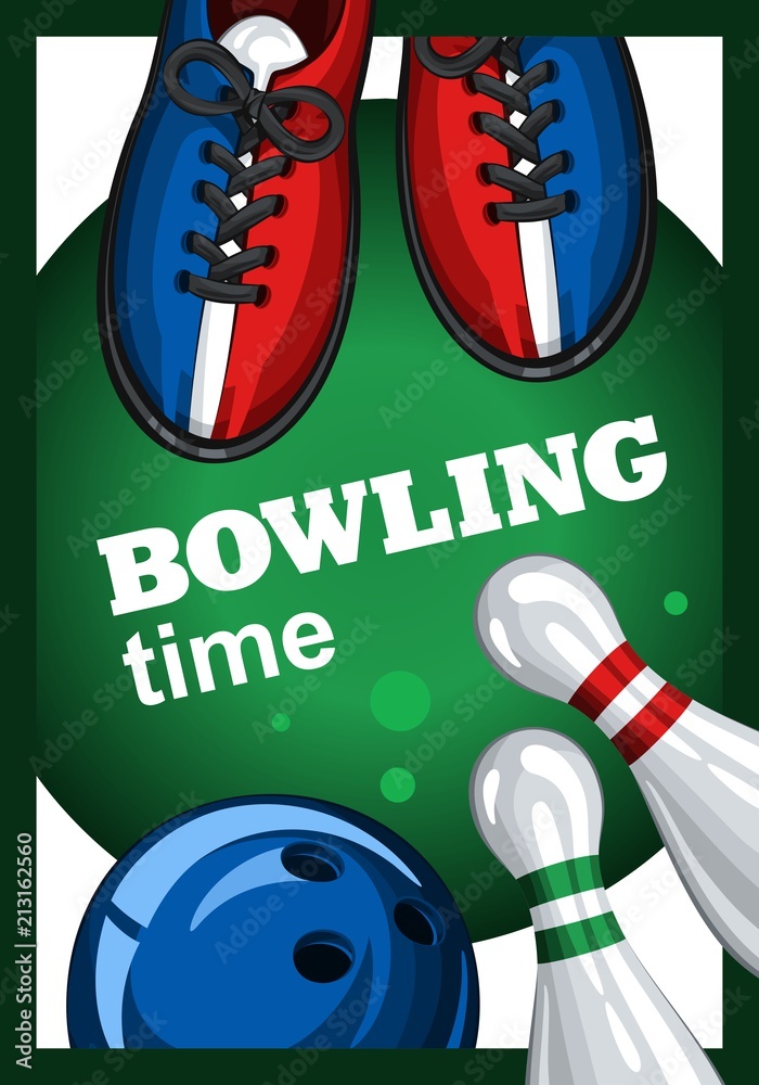 Colorful poster for time bowling. Vector template poster with bowling ...