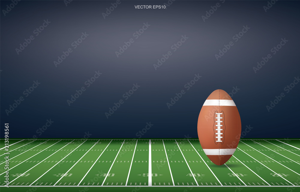 Football ball on football field stadium background. With perspective ...