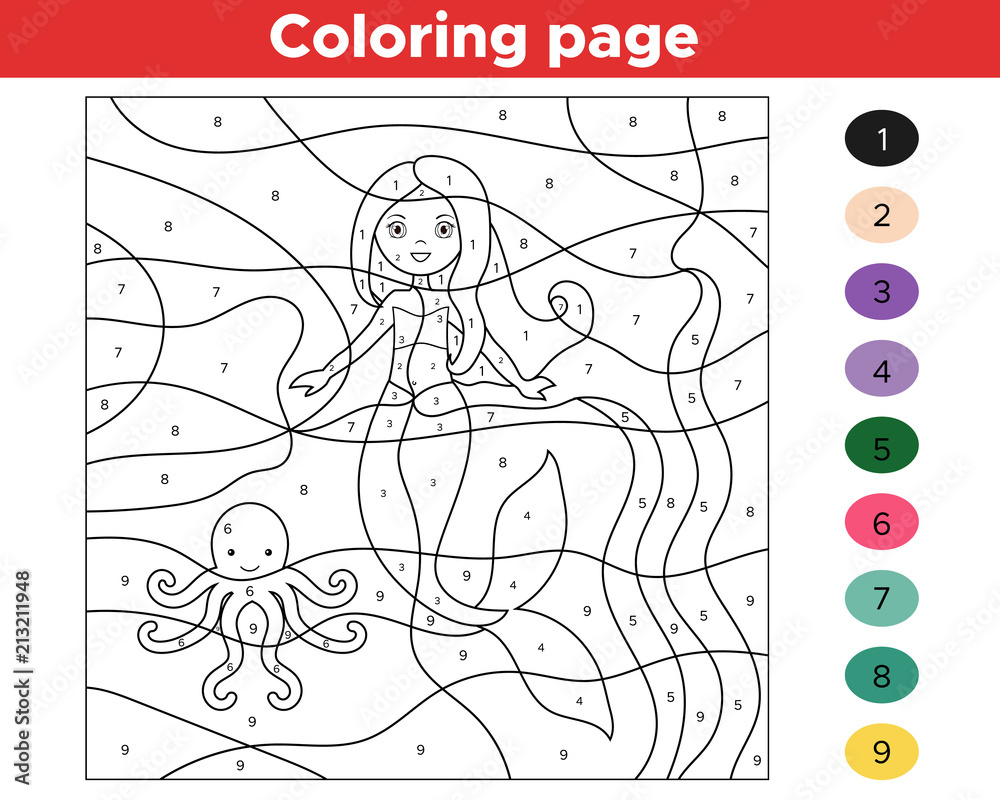 Educational game for kids. Color by numbers. Cartoon mermaid with ...