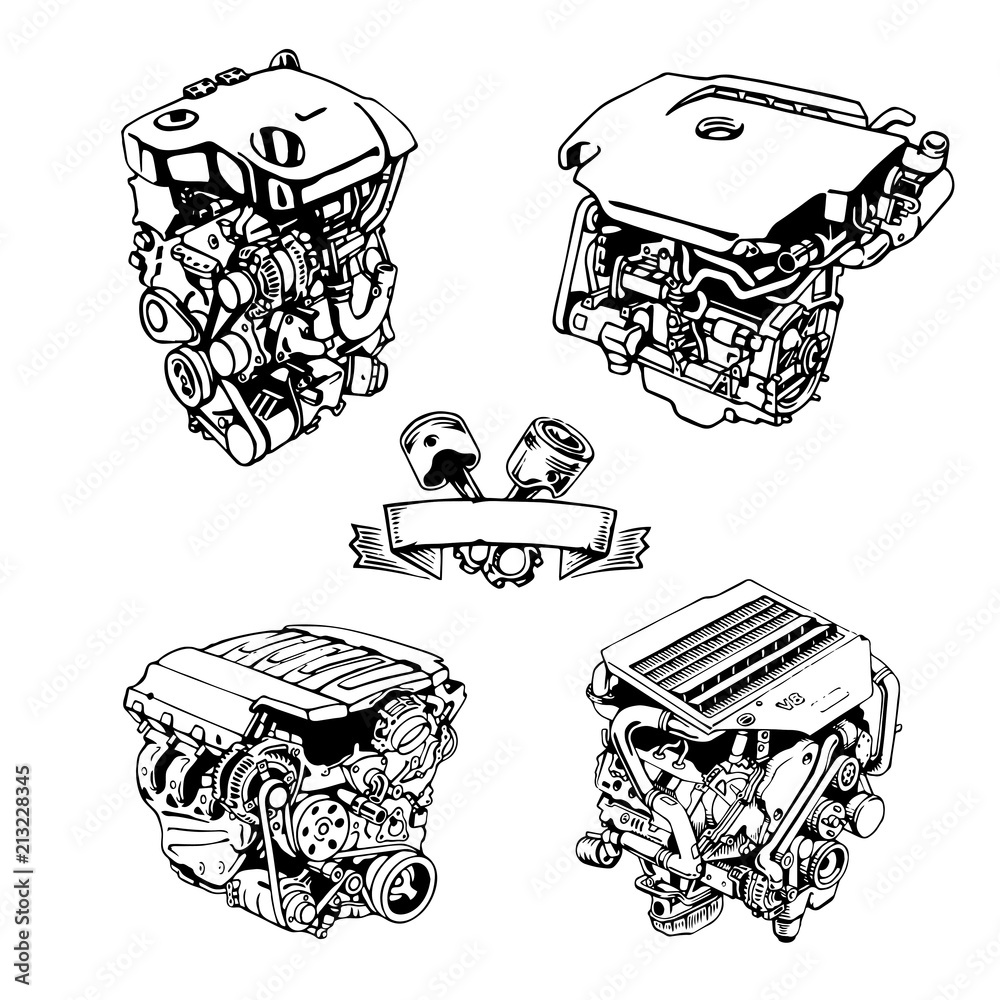 Painted engine on a white background. A set of engines from different ...