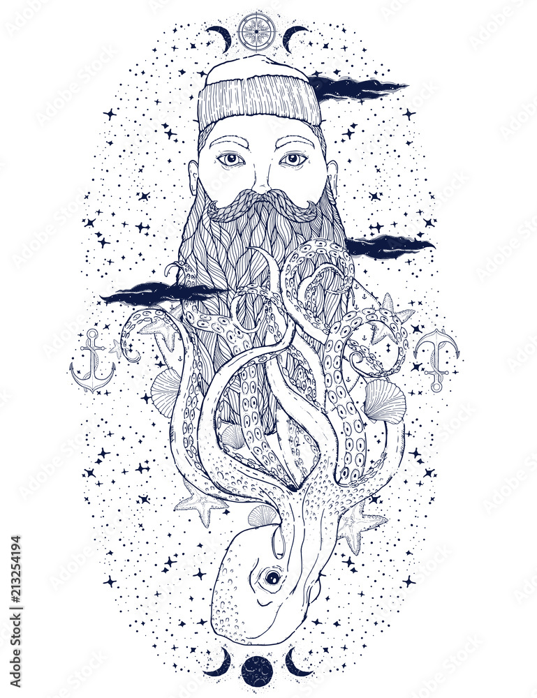 Hand Drawn vintage hipster sailor beard portrait. Old tatoo seaman. Man ...