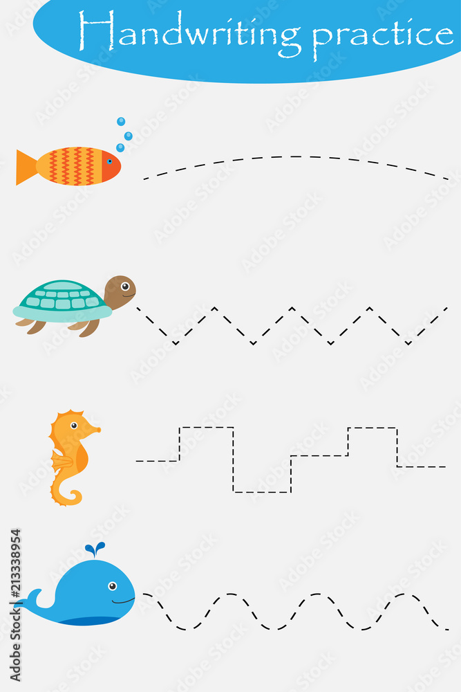 Ocean and sea animals (wheel, fish, turtle, seahorse), handwriting ...