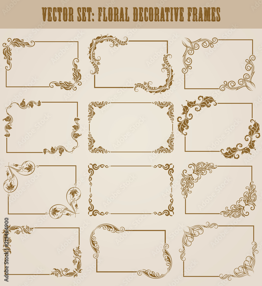 Vector set of decorative hand drawn elements, border, frame with floral ...