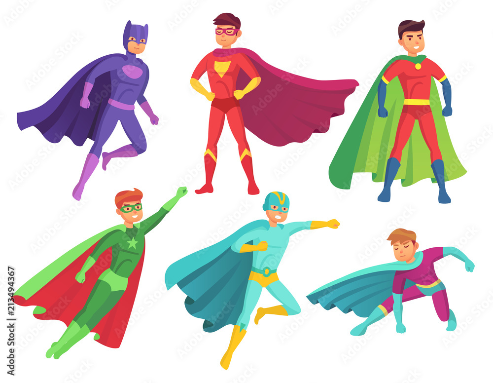 Superhero man characters. Cartoon muscular hero character in colorful ...