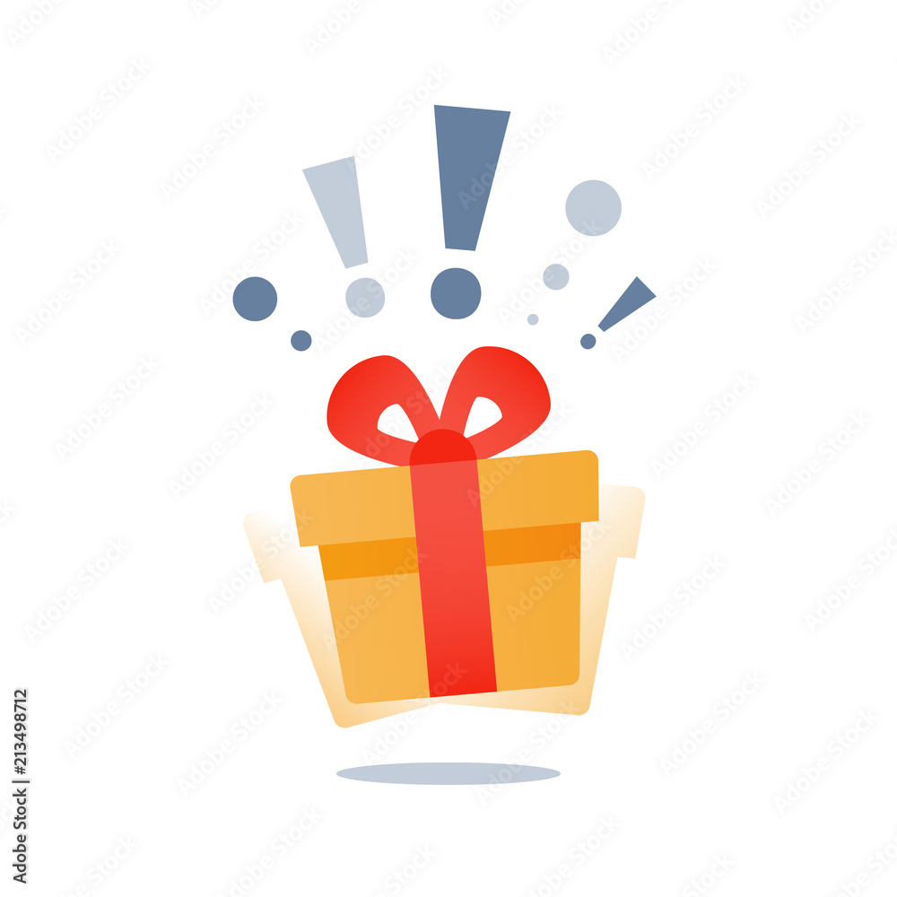 Wonder gift with exclamation mark, delight present, surprise yellow gift box, special give away ...