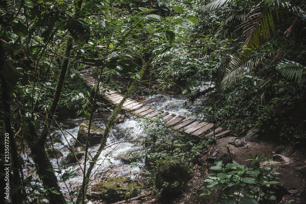 Rickety rope and wood bridge going across a rocky river on a hiking ...