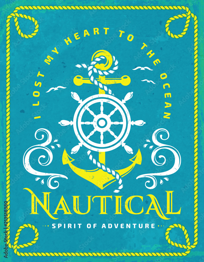 Nautical poster with anchor, steering wheel and rope frame. Stock ...