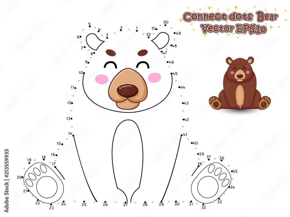 Connect The Dots and Draw Cute Cartoon Bear. Educational Game for Kids ...