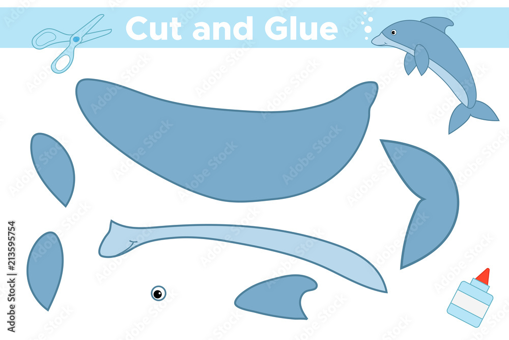 Cut and glue cartoon dolphin. Educational paper game for preschool ...