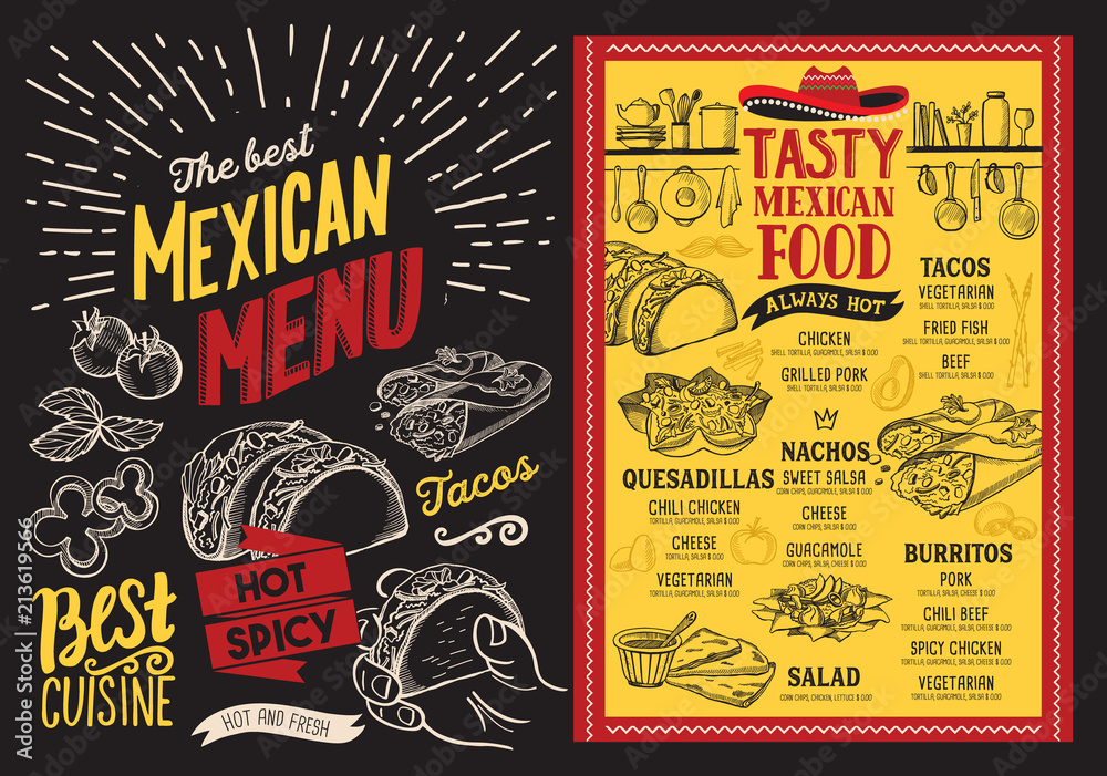 Mexican restaurant menu on blackboard background. Vector food flyer for ...